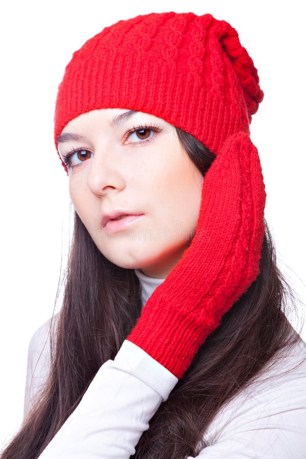 Beauty Woman in a Red Cap and Mittens Stock Image - Image of studio ...