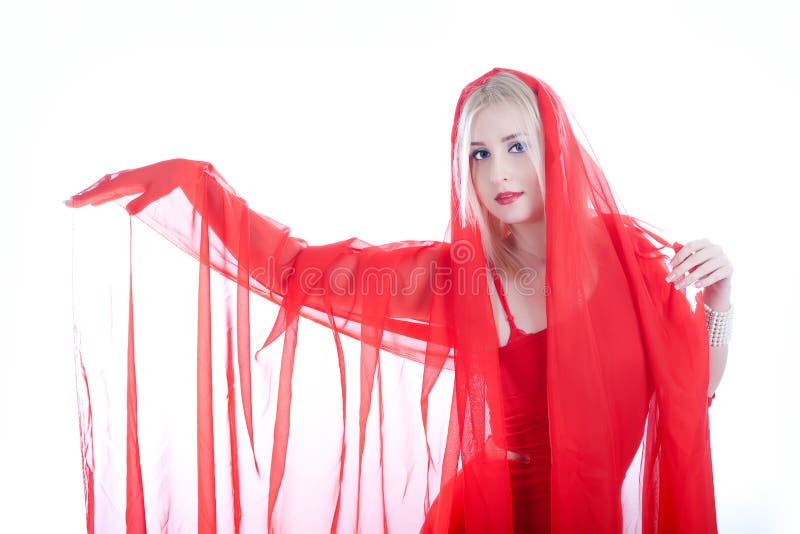 Woman with Red Fabric on a White Stock Image - Image of caucasian ...