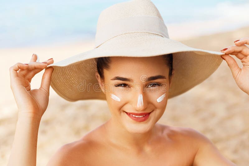 Beauty Woman Smile Applying Sun Cream On Face Skin Care Body Sun