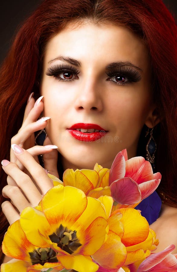Beauty Woman with Spring Flower Stock Photo - Image of face, bunch ...