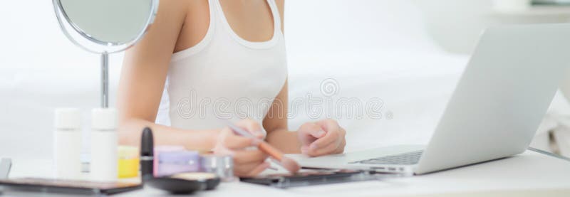 Beauty of Young Asian Woman with Learning Makeup with Brush on Cheek on ...