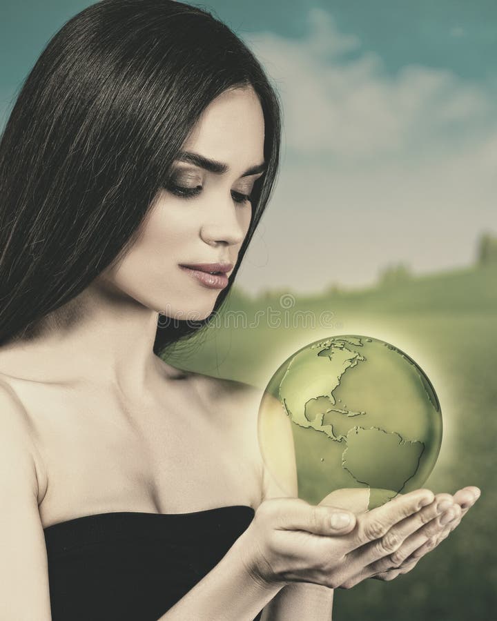 Beauty Young Woman with Earth Globe Stock Image - Image of country ...
