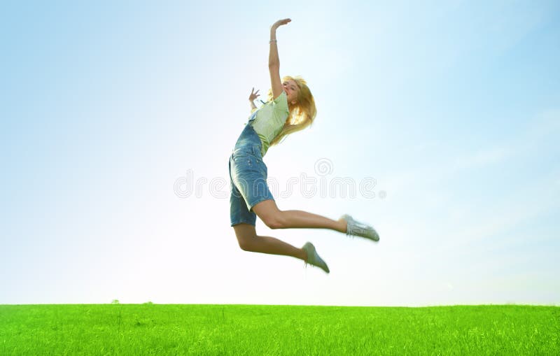 Beauty Young Woman Jump in Field Stock Photo - Image of leap, nature ...