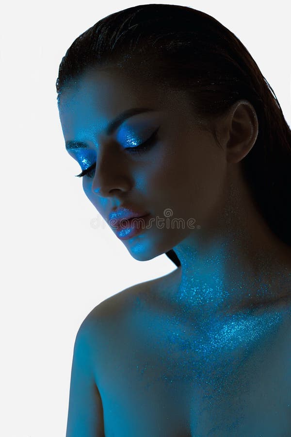 Beauty Young Womans Profile, Soft Blue Light, Makeup Face Cosmetic ...