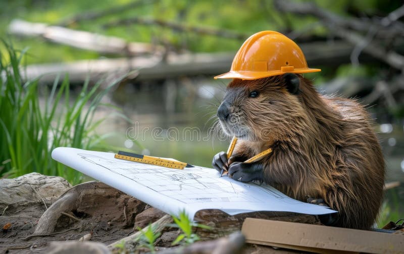 A Beaver Architect Designing Dam Blueprints with a Hard Hat and Ruler ...