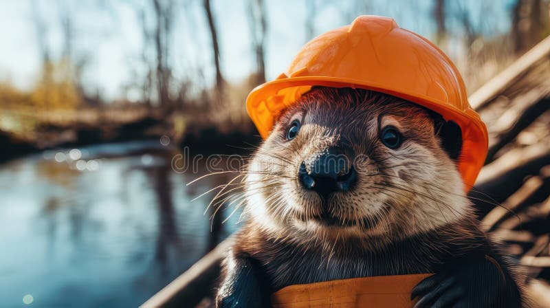 Beaver Builder Wearing Orange Helmet and Vest by the River Stock Image ...