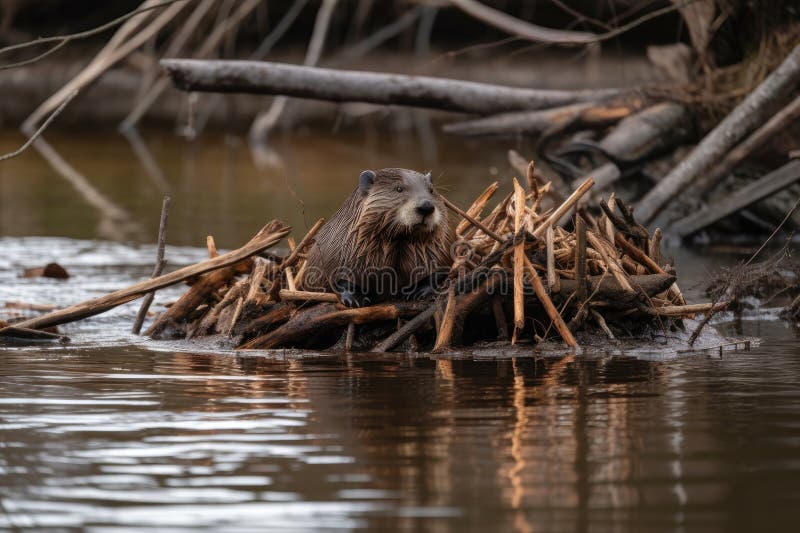 A Beaver Building a Dam in a River. Generative AI Stock Illustration ...