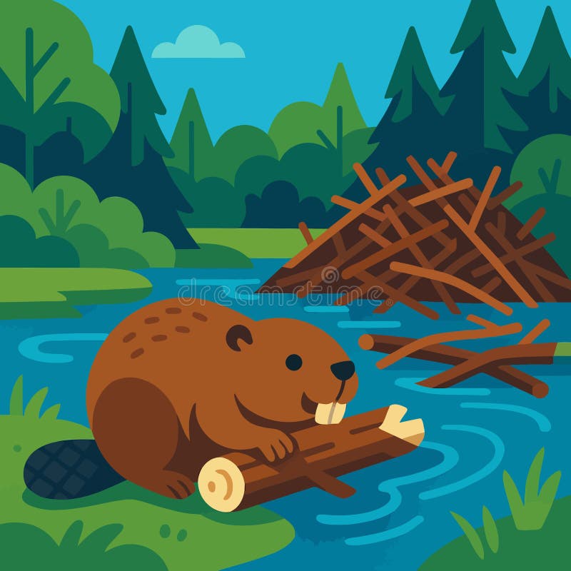 Beaver Building Dam by River Illustration in Forest Environment Stock ...