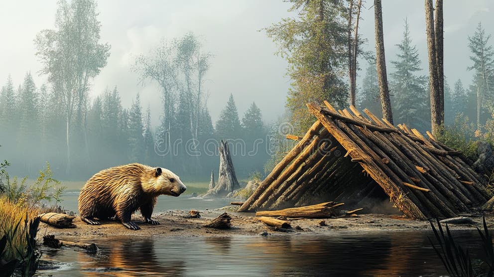 Beaver Building a Wooden Structure by the River.. Stock Image - Image ...