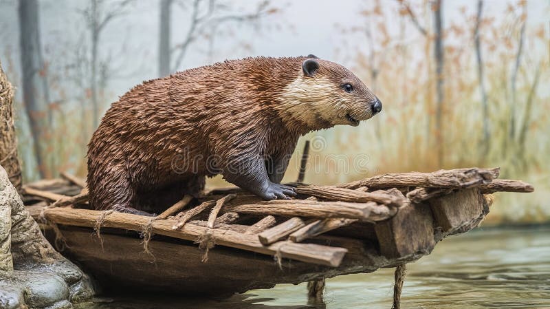 Beaver Building a Wooden Structure by the River.. Stock Image - Image ...