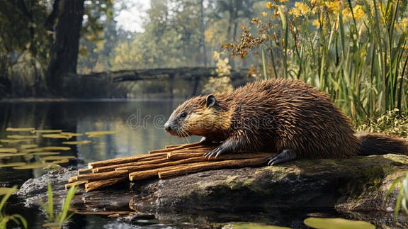 Beaver Building a Wooden Structure by the River.. Stock Photo - Image ...