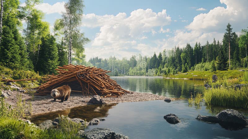 Beaver Building a Wooden Structure by the River.. Stock Photo - Image ...