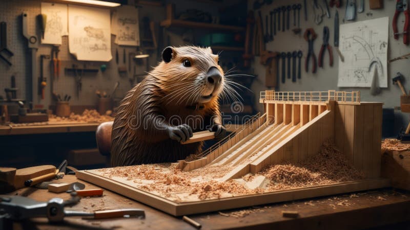 Beaver Carpenter Building Wooden Dam Model in Workshop Stock Photo ...