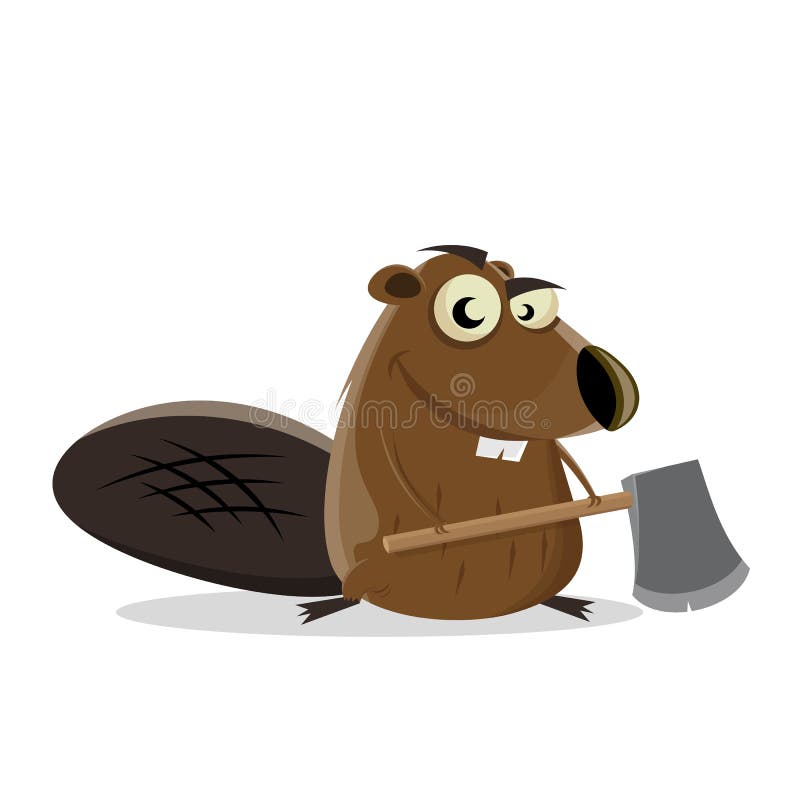 Funny Cartoon Illustration of a Happy Beaver Holding a Big Axe Stock ...