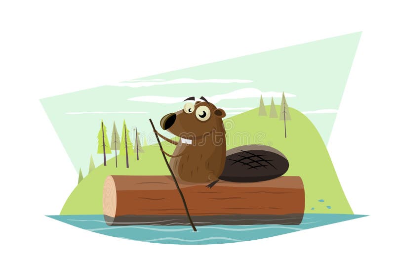 Funny Cartoon Beaver Riding on a Tree Log Stock Vector - Illustration ...