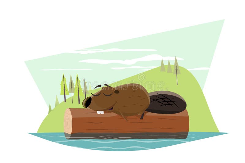 Funny Cartoon Beaver Sleeping on a Tree Log Stock Vector - Illustration ...