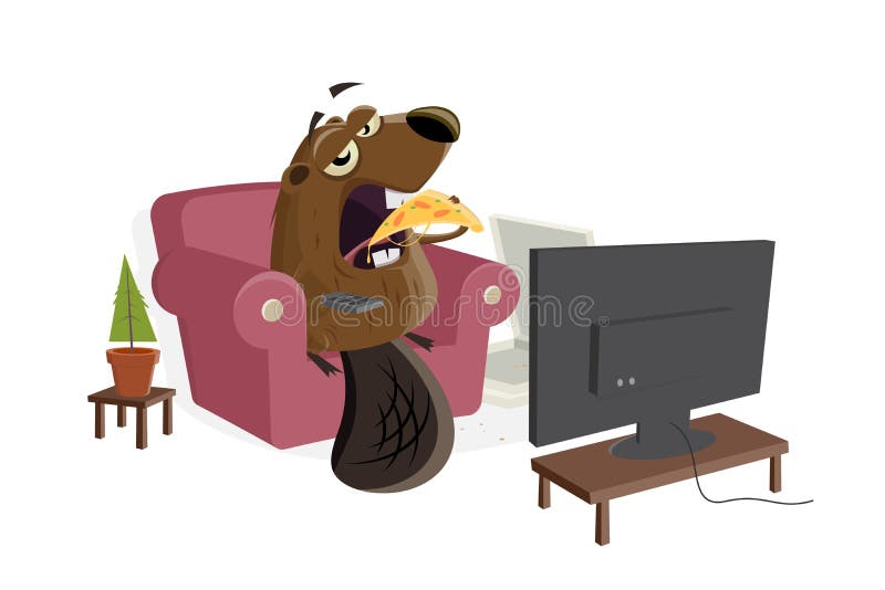Funny Cartoon Beaver is Eating Pizza and Watching Tv Stock Illustration ...