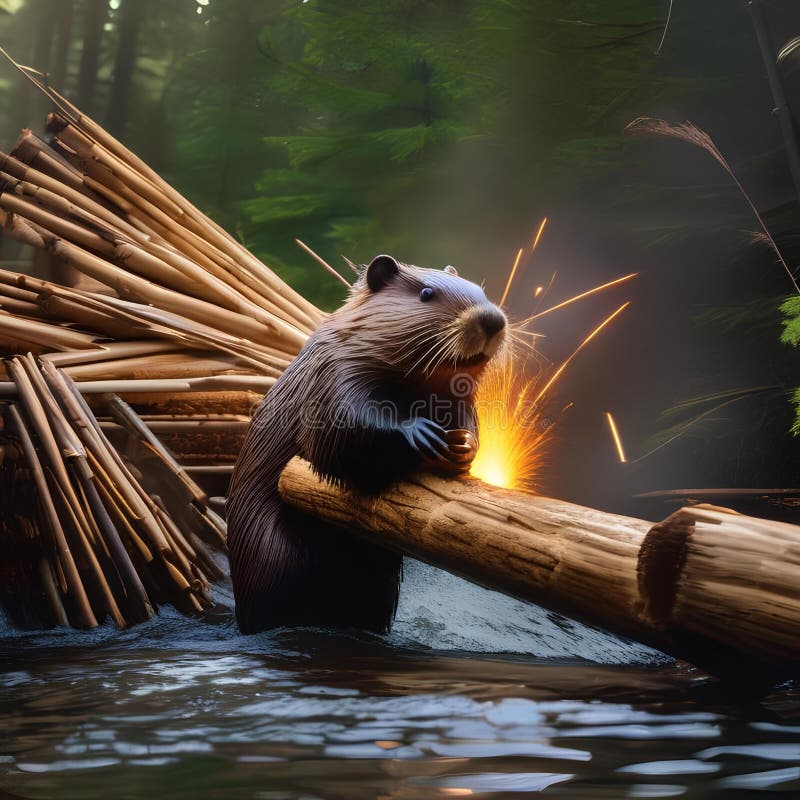 A Beaver Constructing a New Years Dam, Using Logs As Fireworks Burst ...