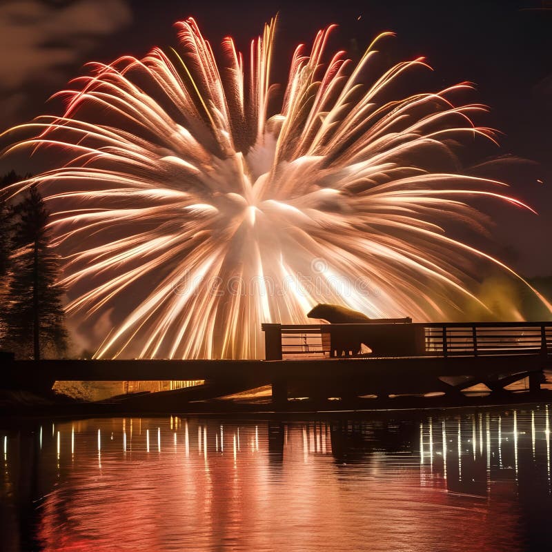 A Beaver Constructing a New Years Dam, Using Logs As Fireworks Burst ...