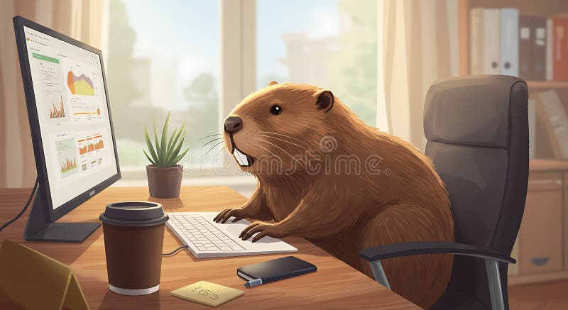 A Beaver at the Desk Working on a Computer, Cartoon Style - Generated ...