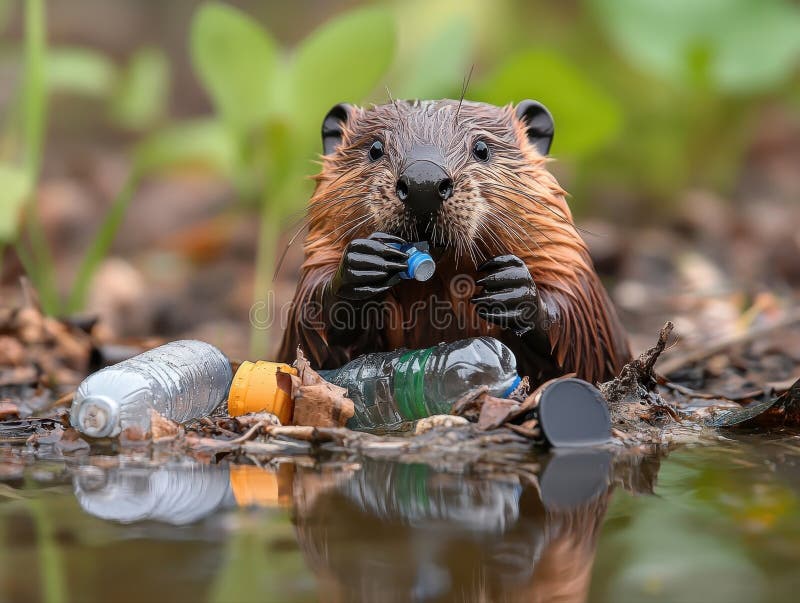 Beaver Eating Plastic Bottle while Struggling To Build Dam in Water ...