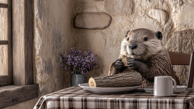 Beaver Enjoys Dinner at a Rustic Table with a Log on Its Plate Stock Illustration - Illustration ...