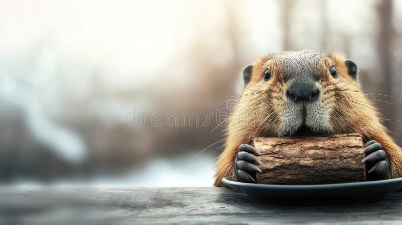 Beaver Enjoys a Log Dinner at the Table in a Cozy Setting Stock ...