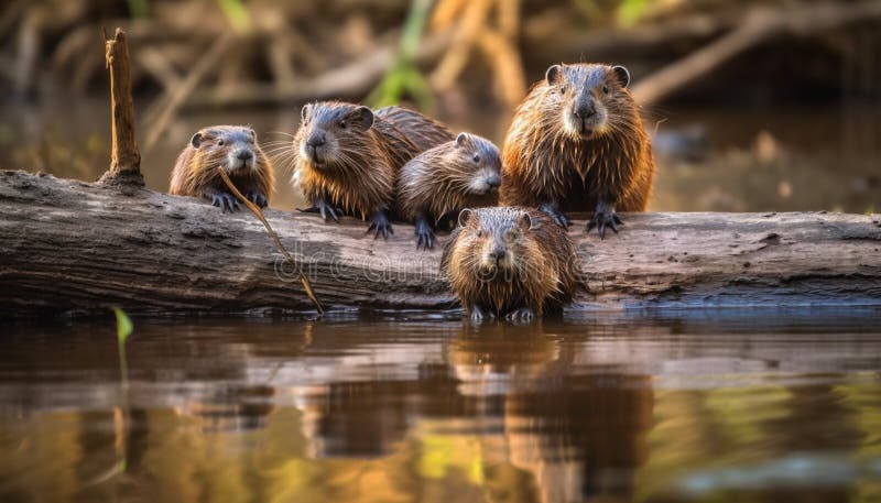 Beaver Family Enjoys Pond in Tranquil Forest Generated by AI Stock ...
