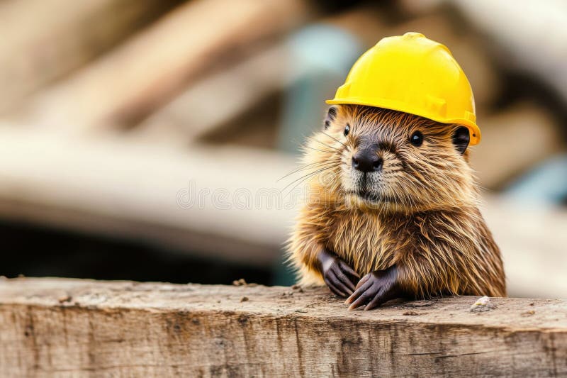 Beaver in Hard Hat Inspects Bridge Site during Daytime Construction ...