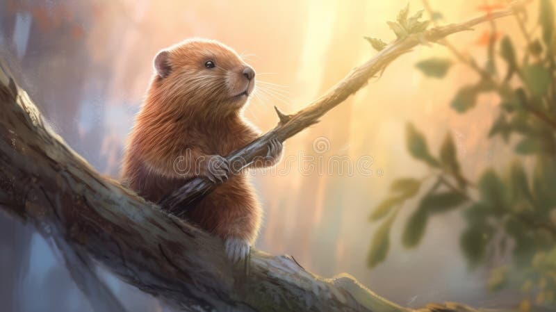 Dreamy Beaver Climbing Tree Illustration in Alex Alemany Style Stock ...