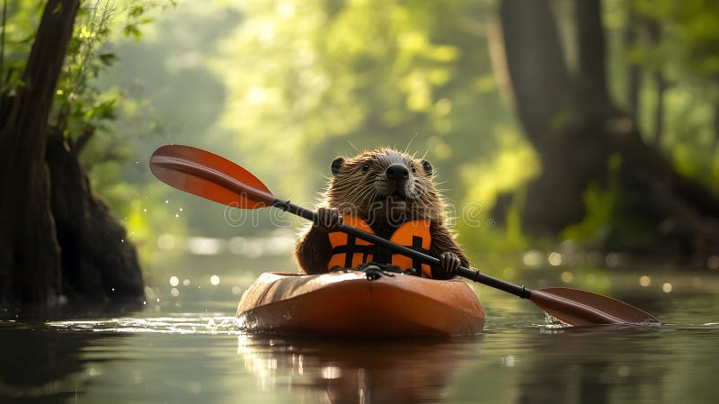 Beaver Kayaking in Forest River with Orange Life Jacket in Serene ...