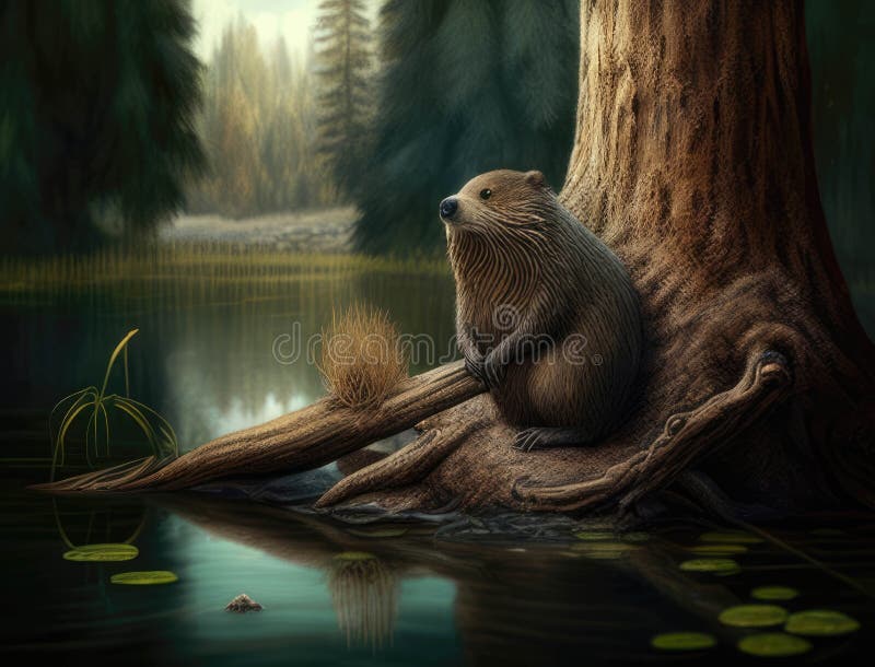 A Beaver Meticulously Chews through a Tree for Its Future Dam. AI ...