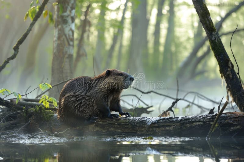 Beaver in Misty Forest Stream at Dawn: Tranquil Wildlife Scene AI Stock ...