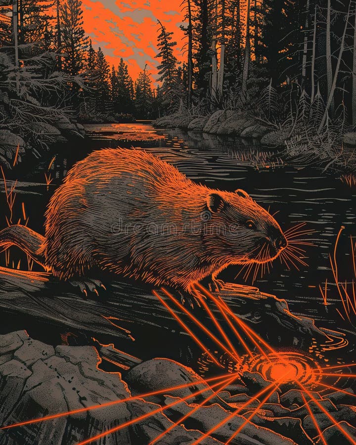 A Beaver with Neon Orange Construction Lasers Building a Dam in a ...
