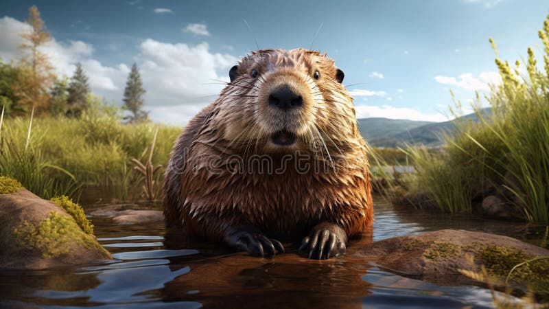 Beaver in a Pond stock illustration. Illustration of green - 351981304