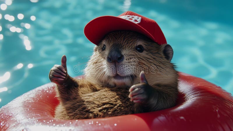 A Beaver in a Red Baseball Cap Relaxing on a Pool Float Stock Image ...