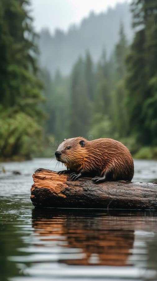 Beaver Resting on Log by Calm River Under Cloudy Sky in Forested Area ...