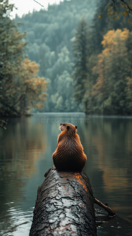 Beaver Resting on Log by Calm River Under Cloudy Sky in Forested Area ...