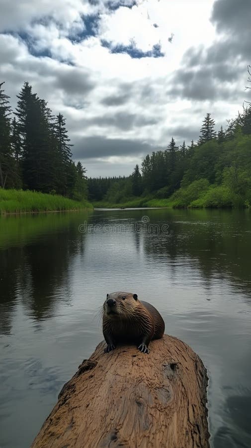 Beaver Resting on Log by Calm River Under Cloudy Sky in Forested Area ...