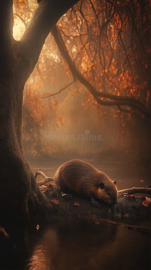 Beaver Resting on a Log by the Riverbank during Autumn in a Forest ...