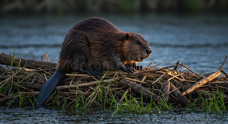 A Beaver Rests on Its Lodge at Dusk, Amidst a Watery Environment ...