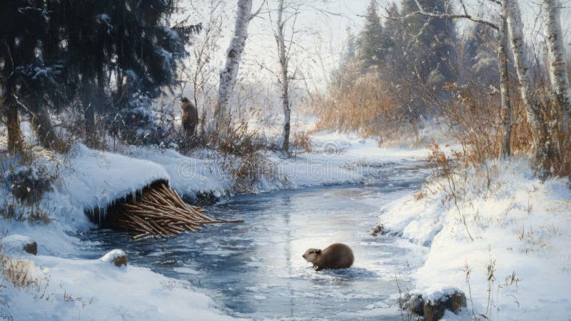 A Beaver in a Snowy Winter Landscape with a Frozen Stream Stock ...