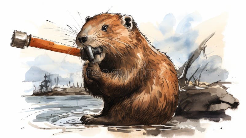 Aggressive Digital Illustration of a Beaver Holding a Drinking Flute ...
