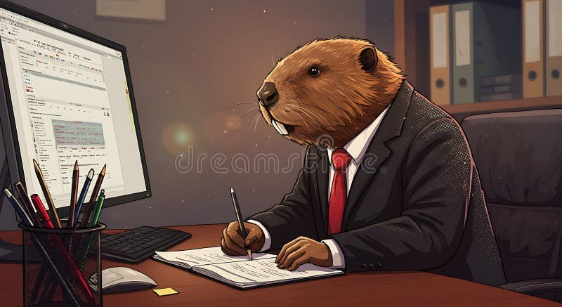 A Beaver in a Suit Attentively Working at a Desk in a Cartoon Office ...