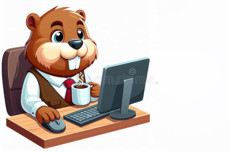 A Beaver in a Suit with a Cup of Coffee and at the Computer. Space for ...