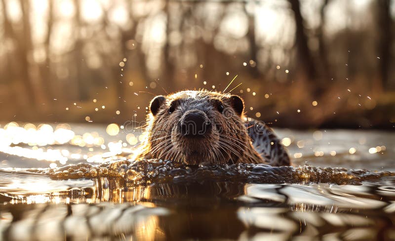 Beaver Swimming in River at Sunset Stock Image - Image of teeth ...