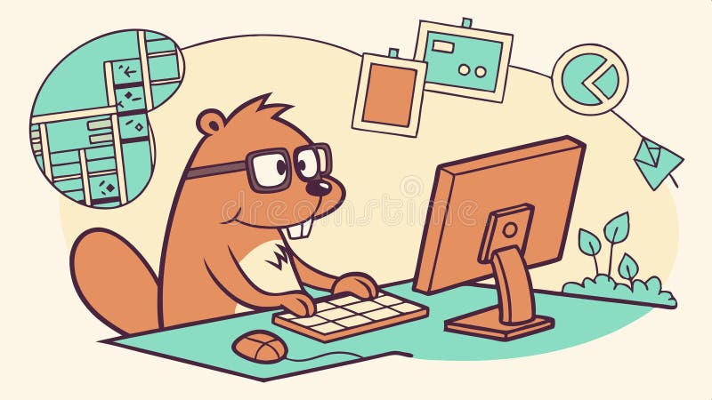 Beaver Typing on Computer Technology Animal Cartoon Digital Work Task ...