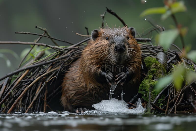 A Beaver Using Its Flat Tail To Create a Dam in the River, Photographed ...