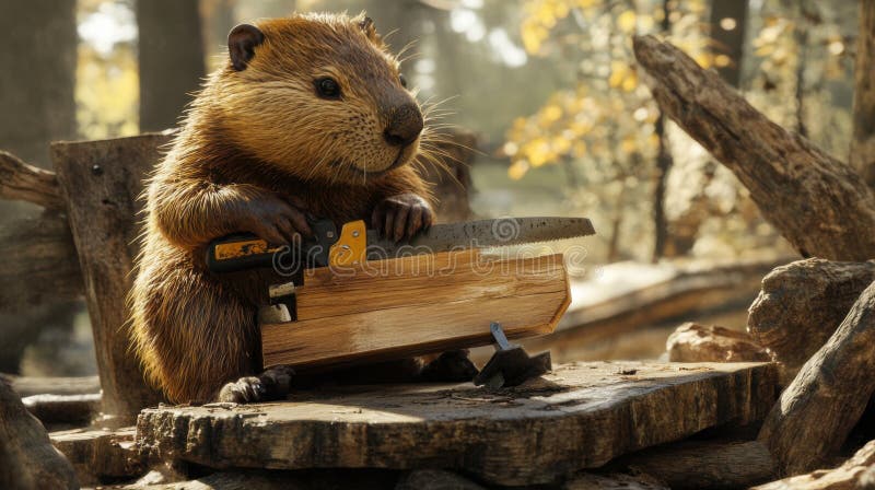 Beaver Using Tools in a Forest Setting during Golden Hour Stock Image ...