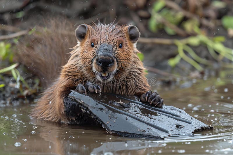 Beaver at the Water S Edge, Holding Its Tail in Its Teeth and Facing ...